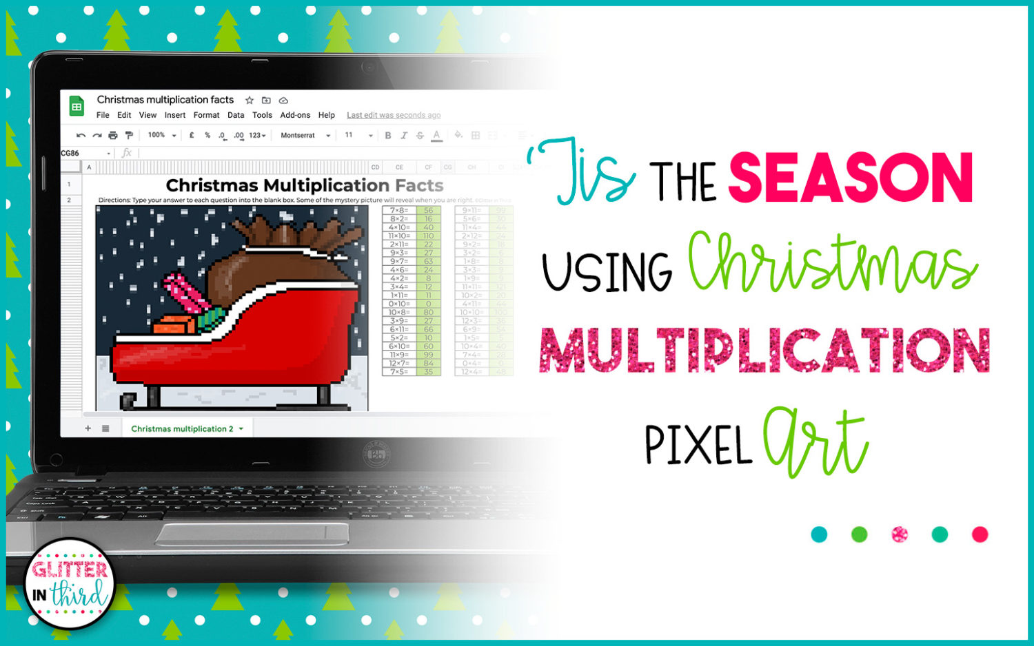 'TIS THE SEASON Using Christmas Multiplication Pixel Art - Glitter in Third