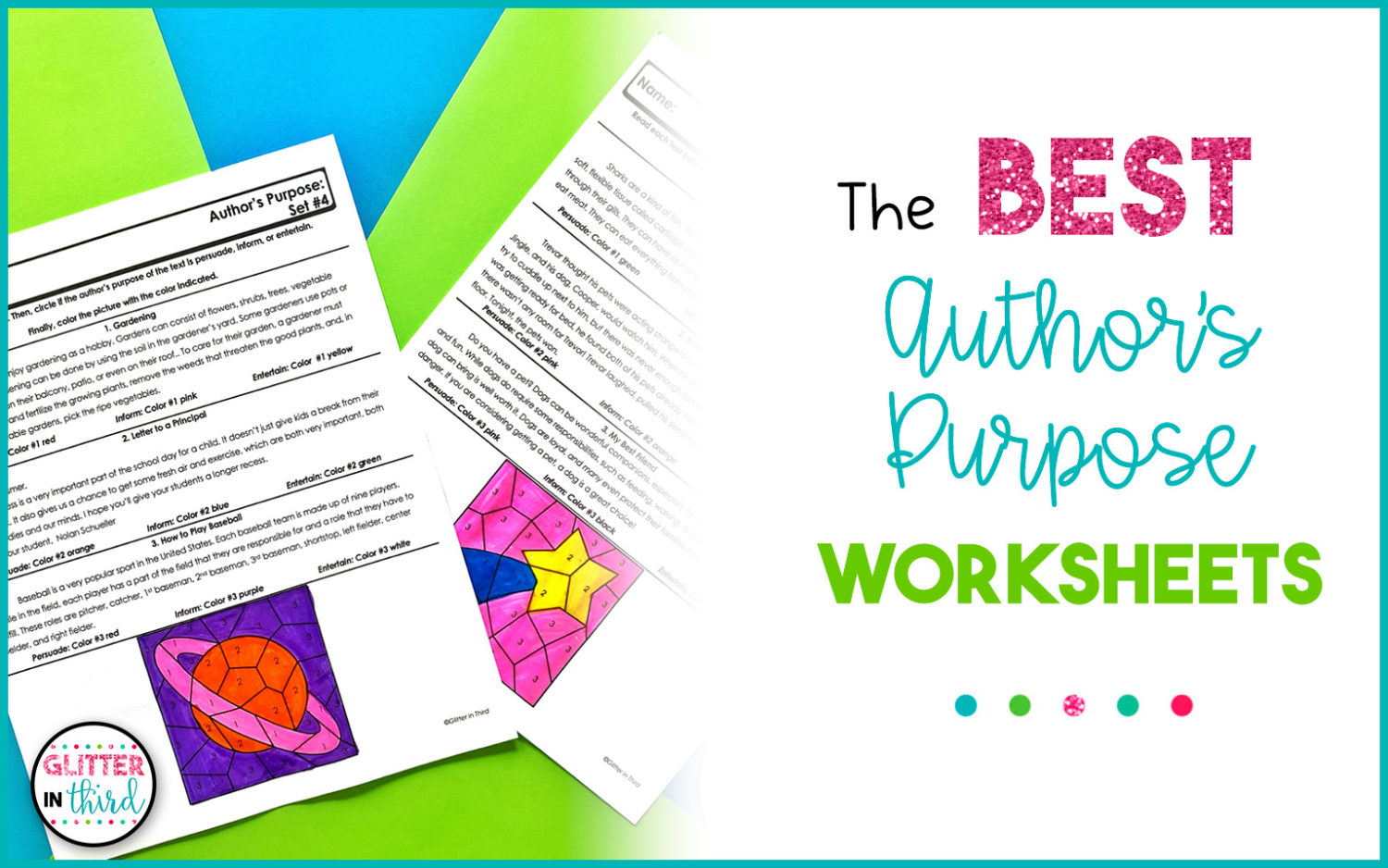 The BEST Author's Purpose Worksheets - Glitter in Third