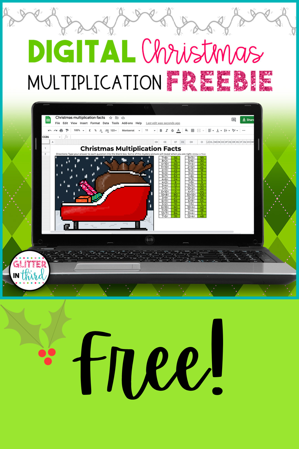 'TIS THE SEASON Using Christmas Multiplication Pixel Art - Glitter in Third