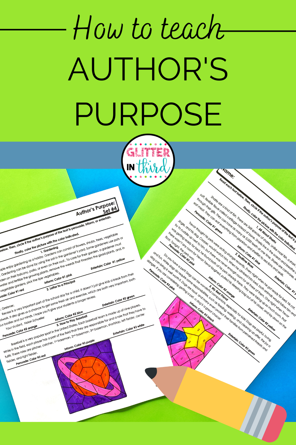 The BEST Author's Purpose Worksheets - Glitter in Third
