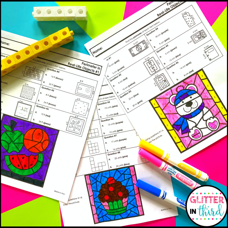 Area & Perimeter Color By Number Worksheets - Glitter in Third