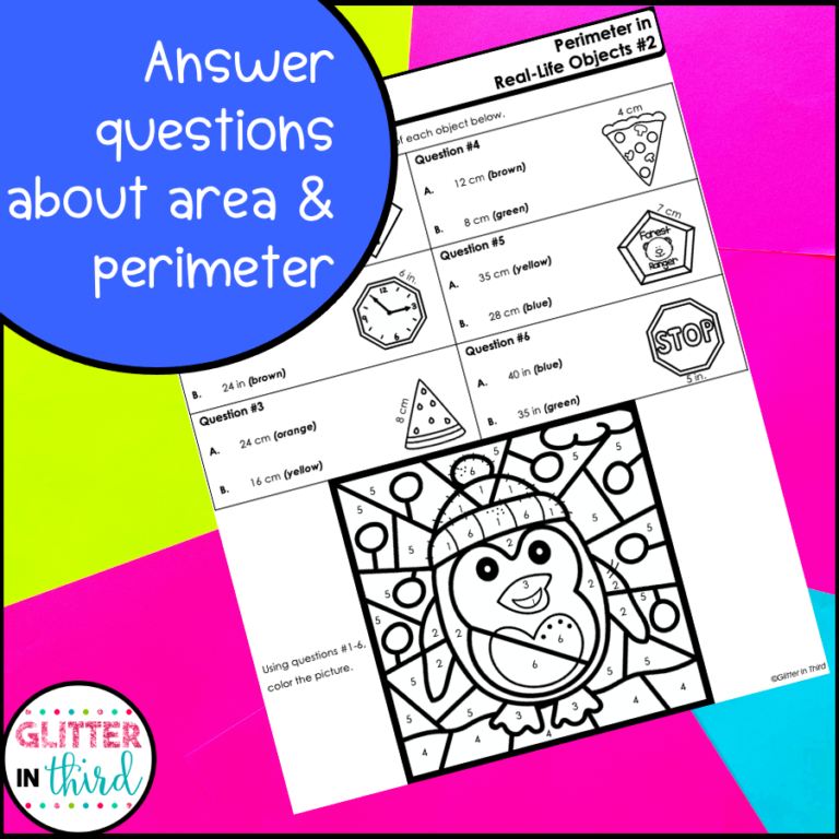 Area & Perimeter Color By Number Worksheets - Glitter in Third