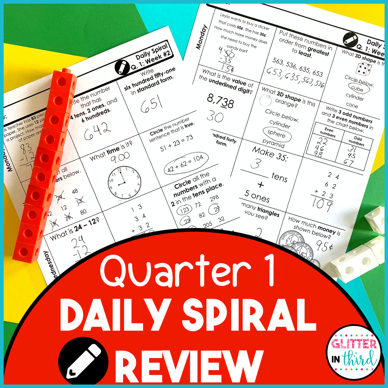Quarter 1 3rd Grade Daily Spiral Math Review - Glitter in Third