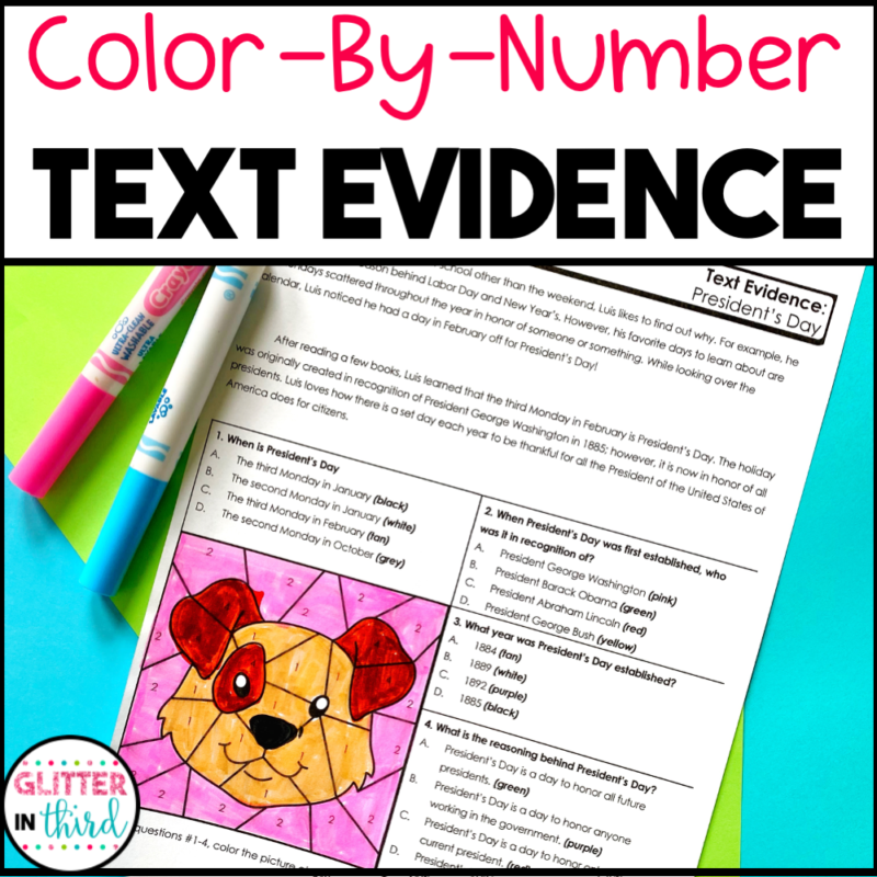 Text Evidence Color-By-Number Worksheets - Glitter in Third