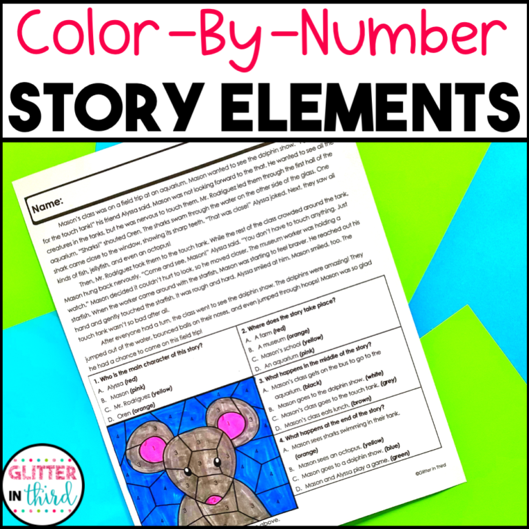 Story Elements Color-By-Number Worksheets - Glitter in Third