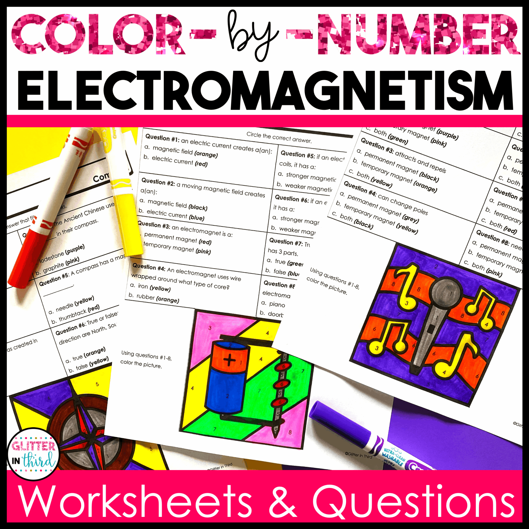 Magnetism and Electromagnets Worksheets Color-By-Numbers - Glitter in Third