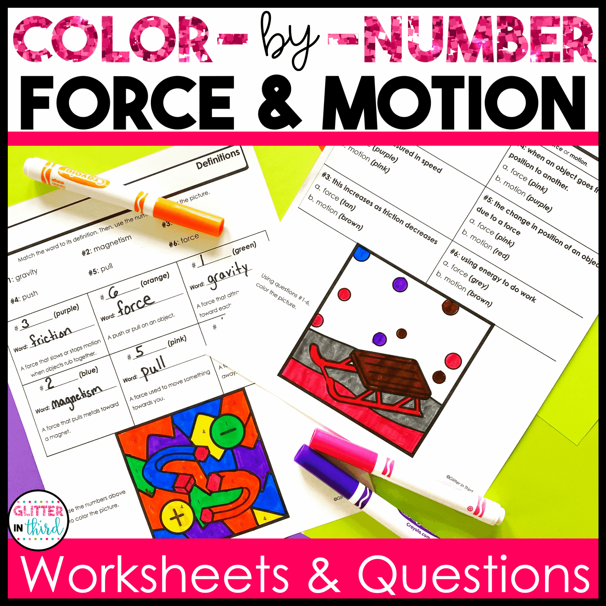 Force and Motion Worksheets Color-By-Numbers Science SOL 5.3 - Glitter ...