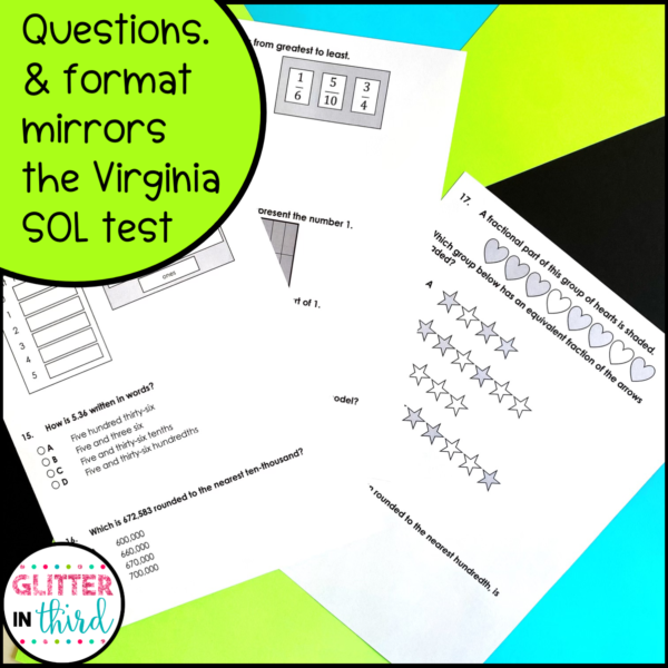 4th Grade Math SOL Review Practice - Glitter in Third