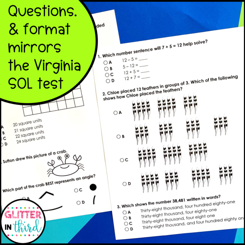 3rd Grade Math SOL Review Practice - Glitter in Third