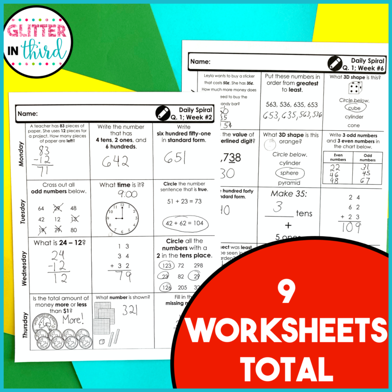 Quarter 1 3rd Grade Daily Spiral Math Review - Glitter in Third