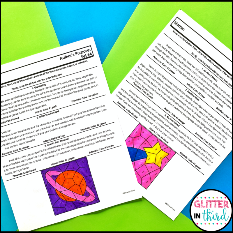 Author's Purpose Color-By-Number Worksheets - Glitter in Third