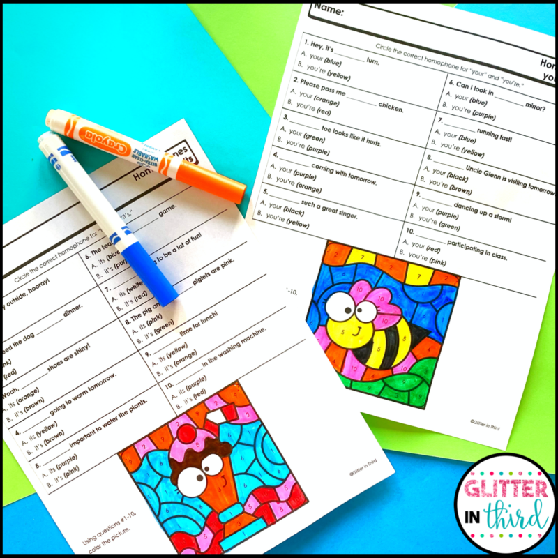 Homophones Color-By-Number Worksheets - Glitter in Third