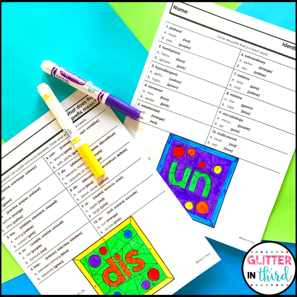 Prefixes and Suffixes Color-By-Number Worksheets 3rd-Grade - Glitter in ...