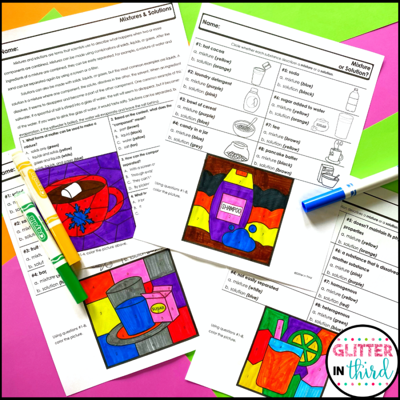 Mixtures and Solutions Worksheets Color-By-Number - Glitter in Third