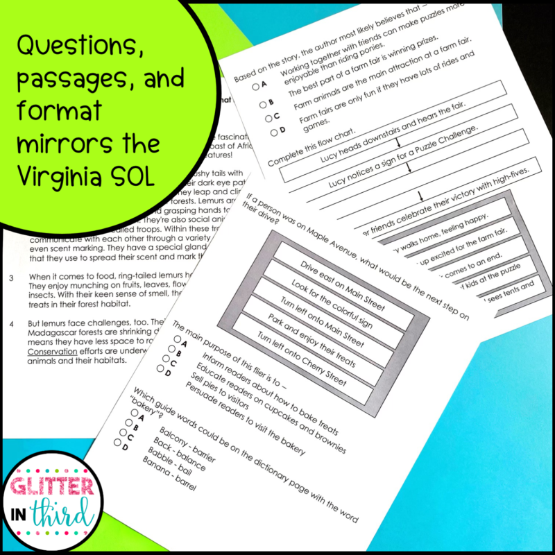 5th Grade Reading SOL Review Practice - Glitter in Third