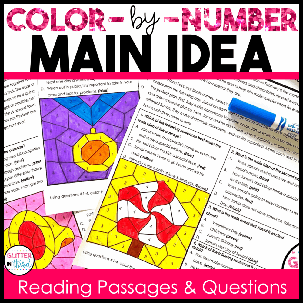 Main Idea and Details Color-By-Number Worksheets - Glitter in Third
