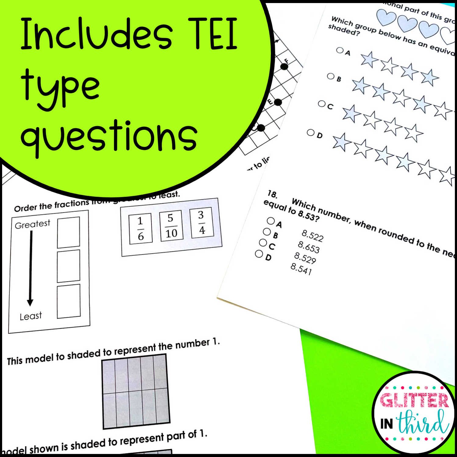 4th Grade Math SOL Review Practice - Glitter in Third