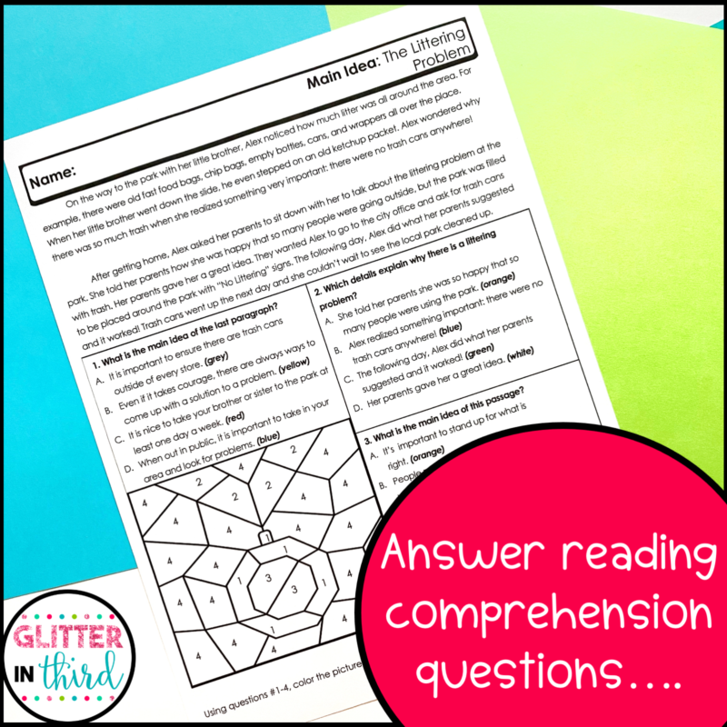 Main Idea and Details Color-By-Number Worksheets - Glitter in Third