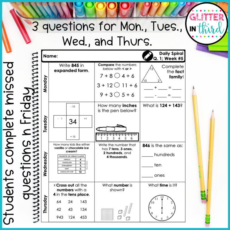 Quarter 1 3rd Grade Daily Spiral Math Review - Glitter in Third