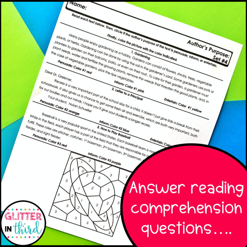 Author's Purpose Color-By-Number Worksheets - Glitter in Third
