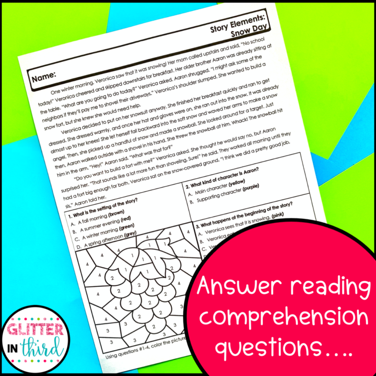 Story Elements Color-By-Number Worksheets - Glitter in Third