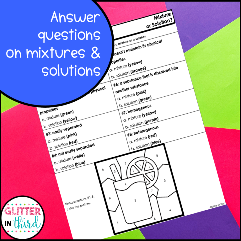 Mixtures and Solutions Worksheets Color-By-Number - Glitter in Third