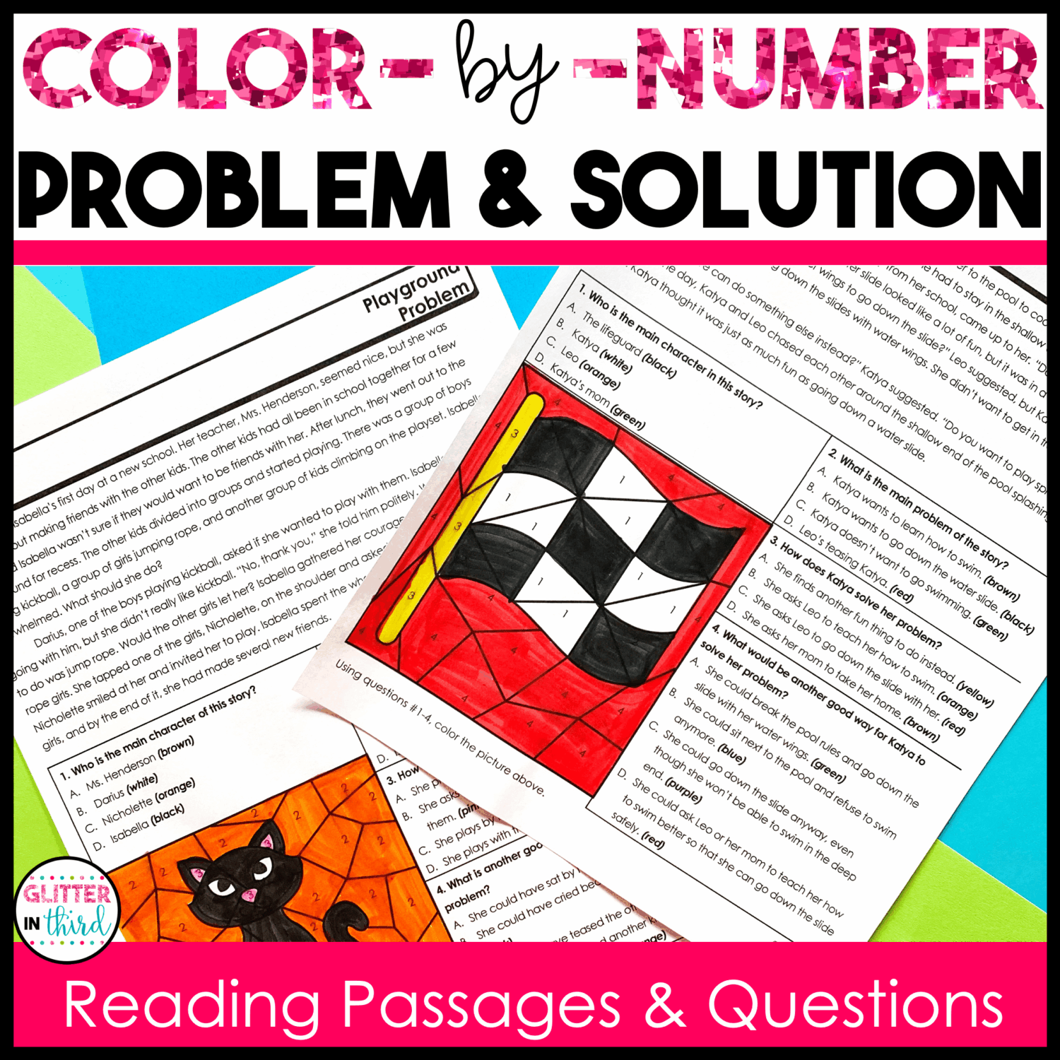 Problem and Solution Color-By-Number Worksheets - Glitter in Third