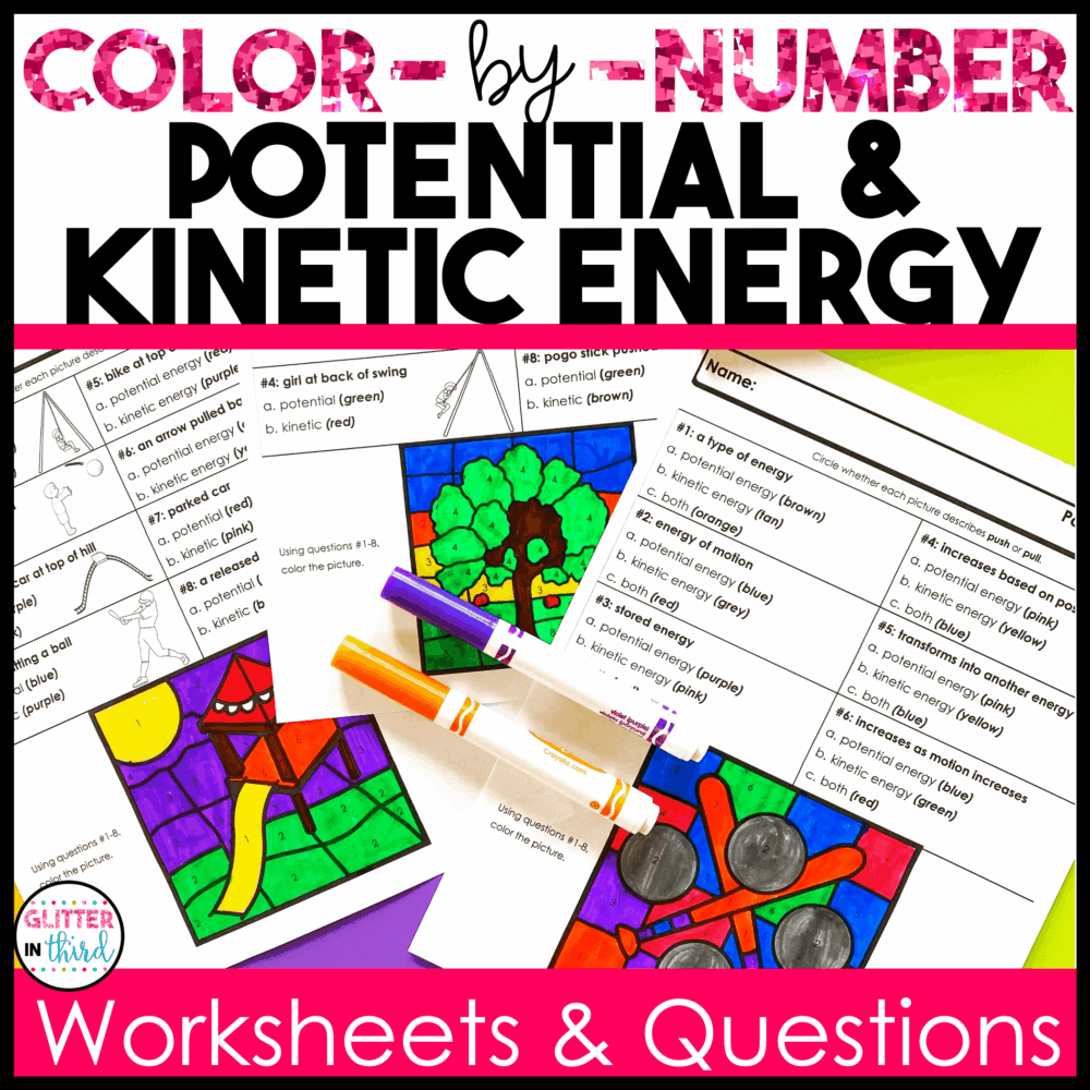 Kinetic and Potential Energy Worksheets Color-By-Numbers - Glitter in Third