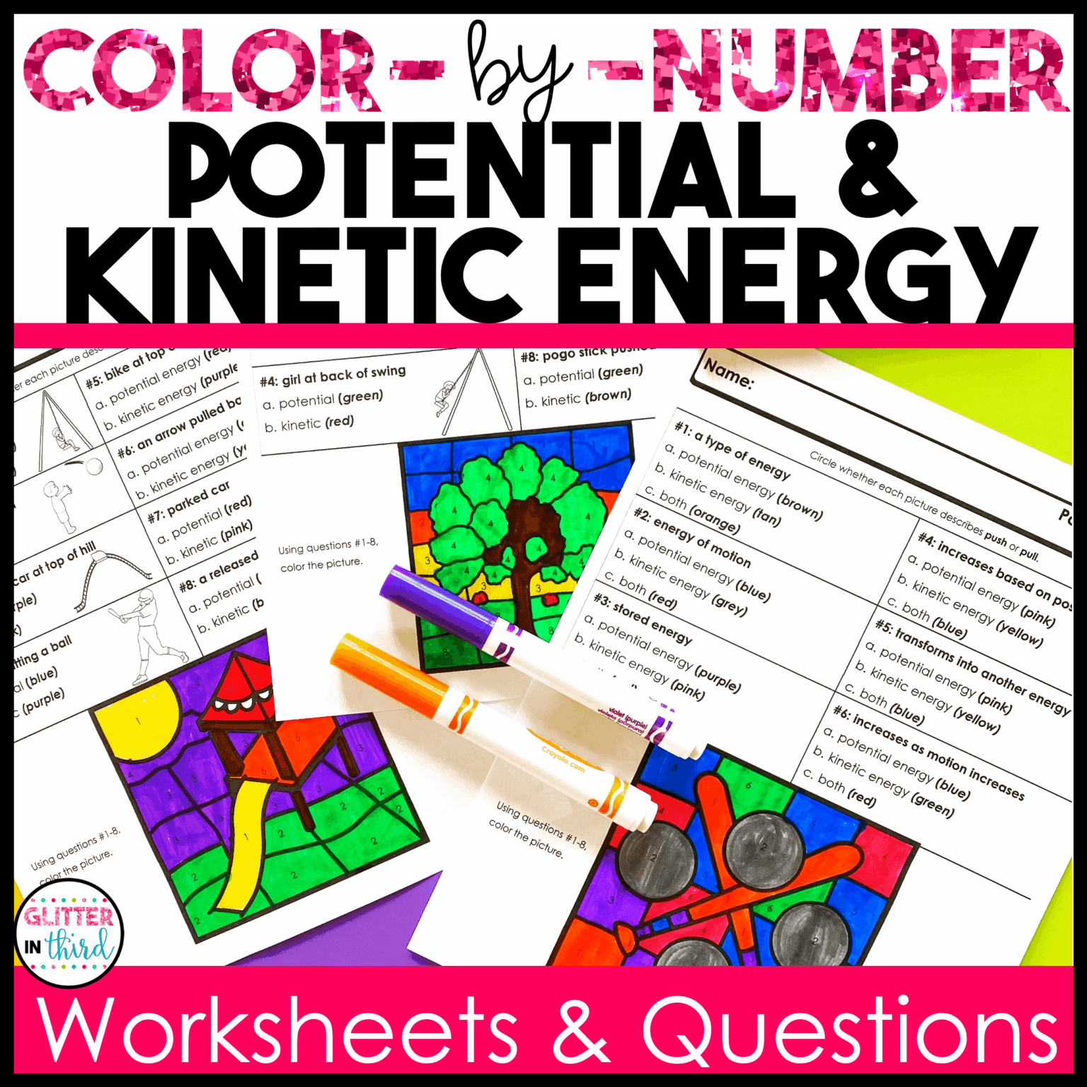 Kinetic and Potential Energy Worksheets Color-By-Numbers - Glitter in Third