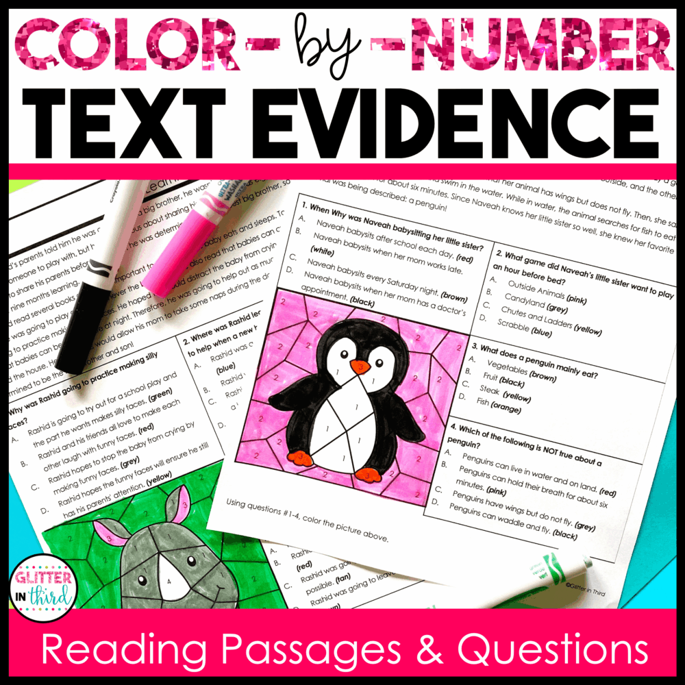 Text Evidence Color-By-Number Worksheets - Glitter in Third