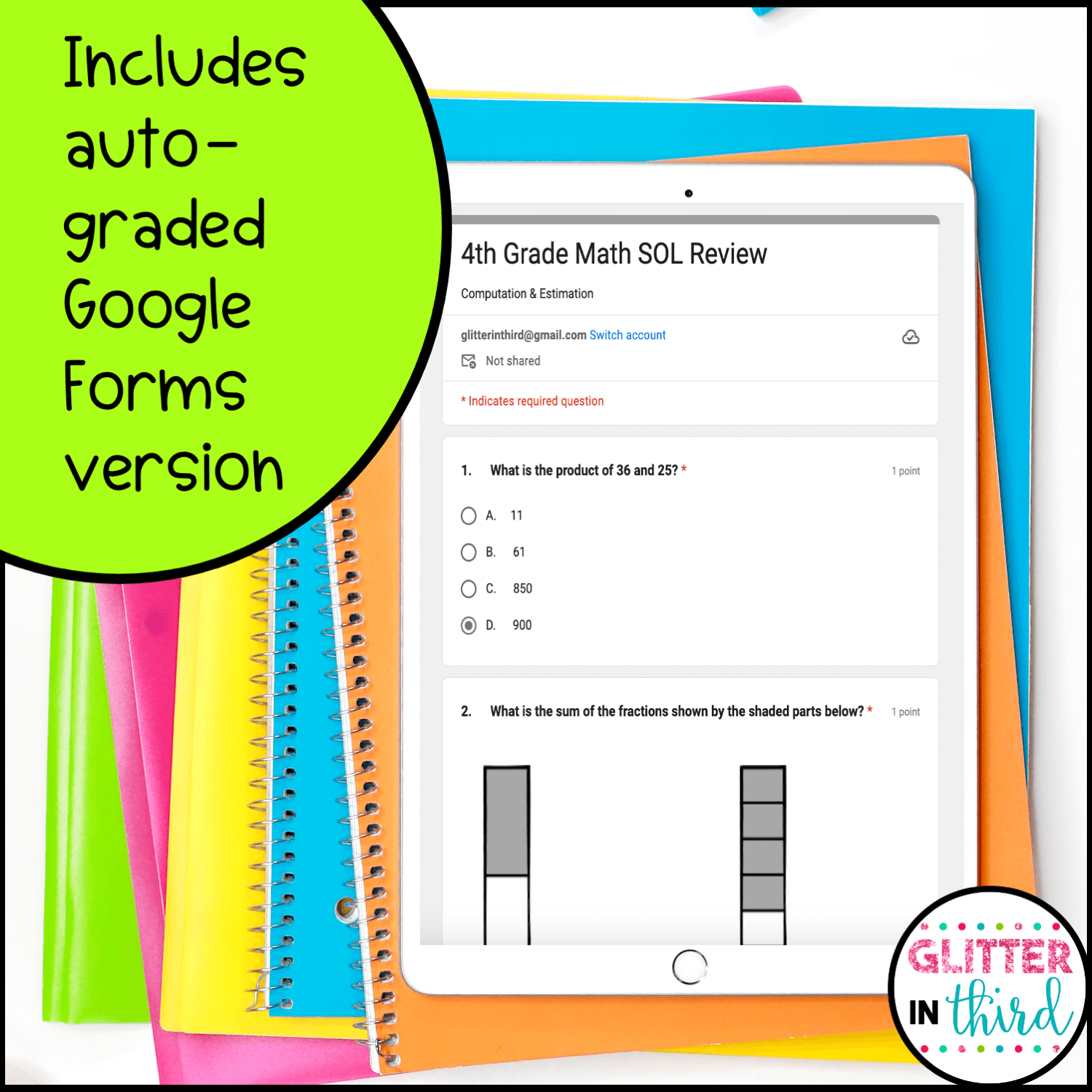 4th Grade Math SOL Review Practice - Glitter in Third