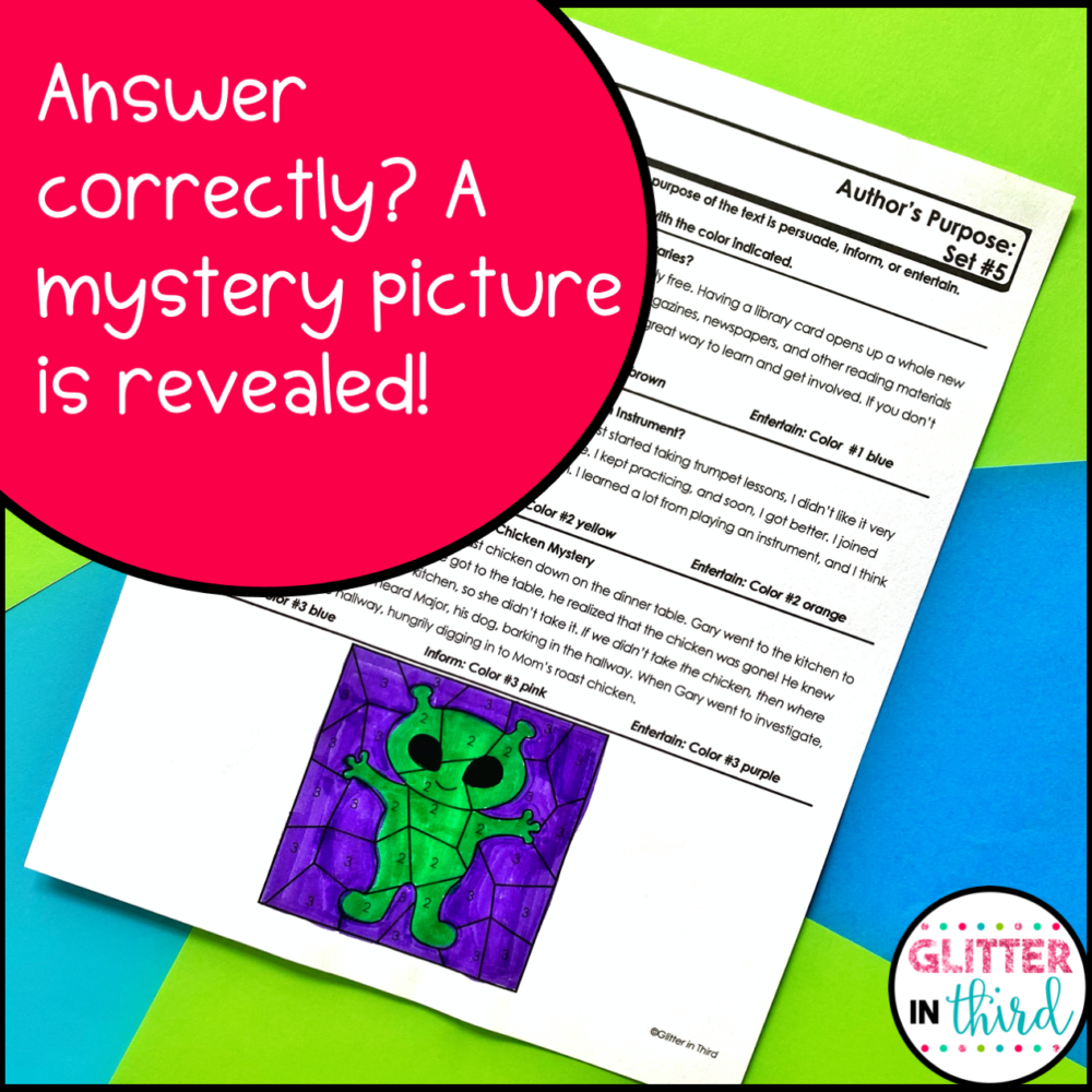 Author's Purpose Color-By-Number Worksheets - Glitter in Third