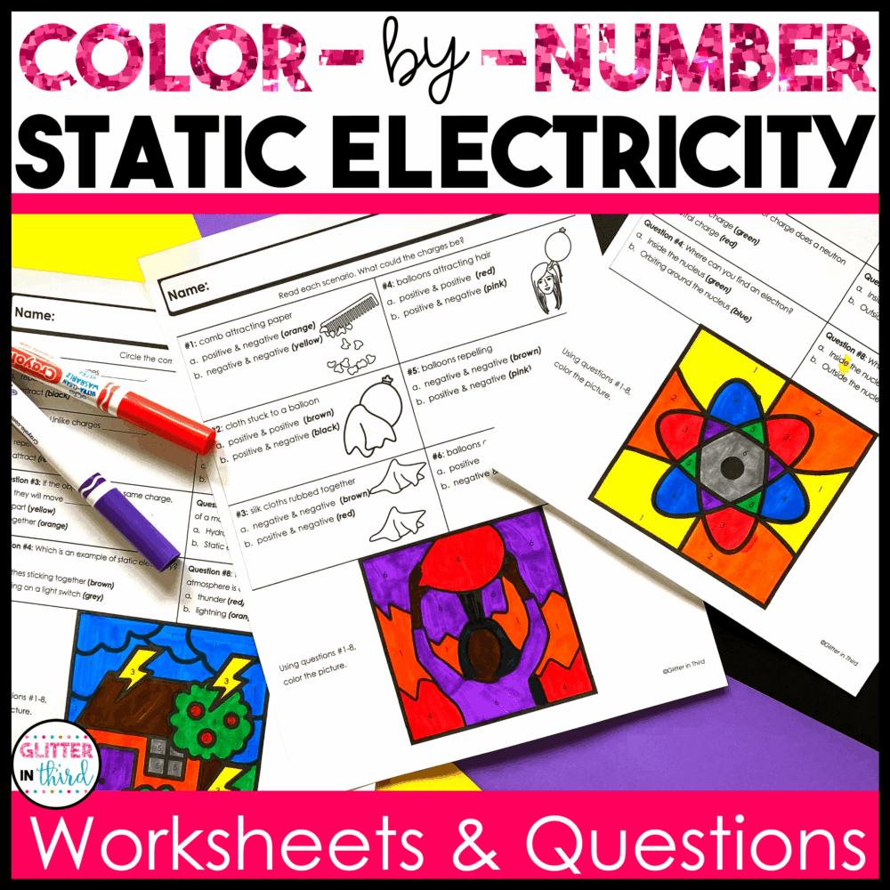 Static Electricity Worksheets Color-By-Numbers - Glitter in Third
