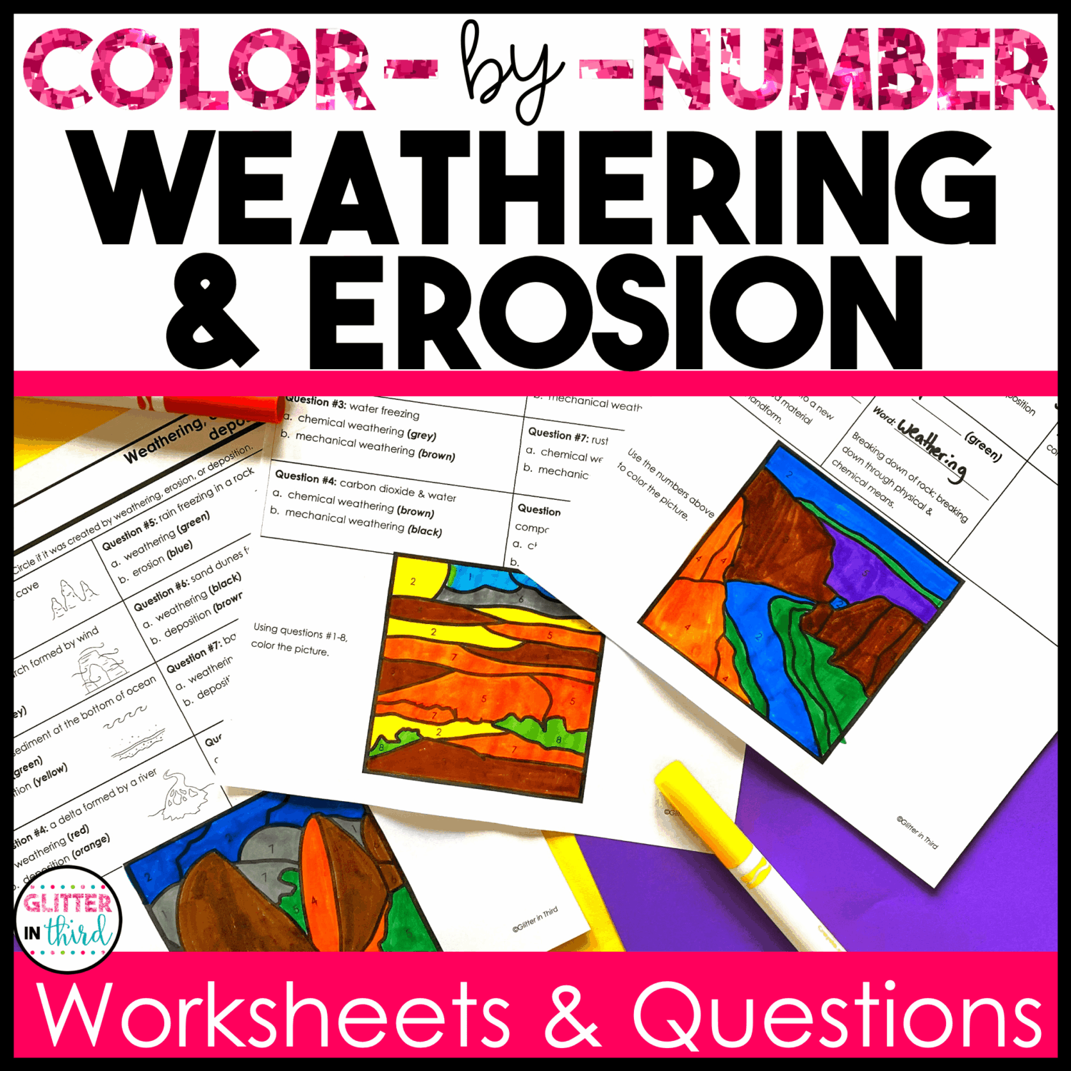 Weathering and Erosion Worksheets Color-By-Number - Glitter in Third