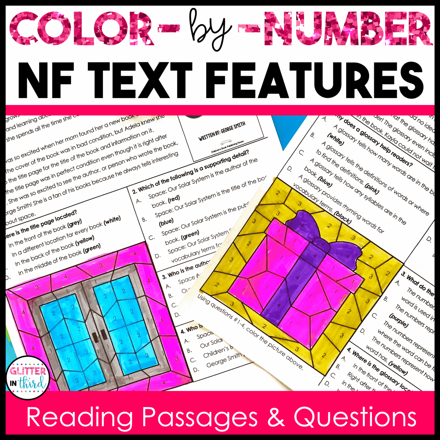 Nonfiction Text Features Color-By-Number Worksheets - Glitter in Third