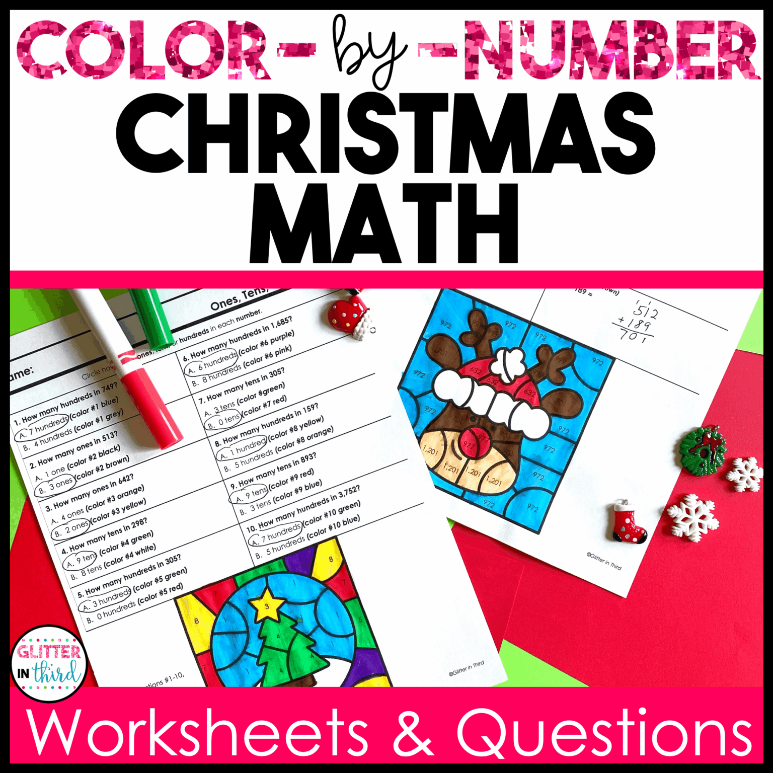 Christmas Math Worksheets No Prep Color By Number - Glitter in Third