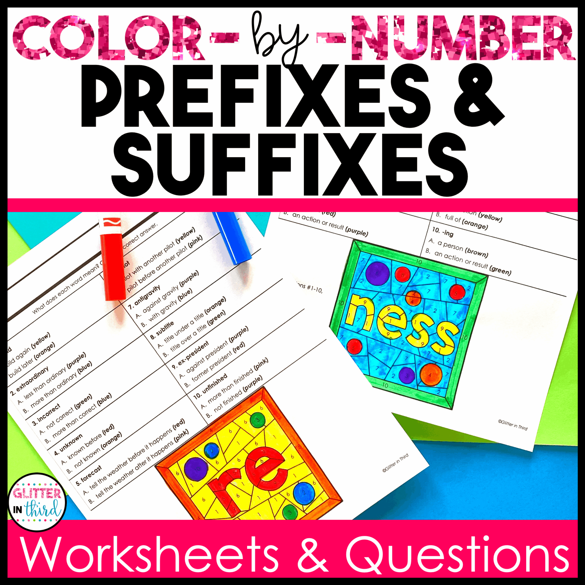 Prefixes and Suffixes Color-By-Number Worksheets 3rd-Grade - Glitter in ...