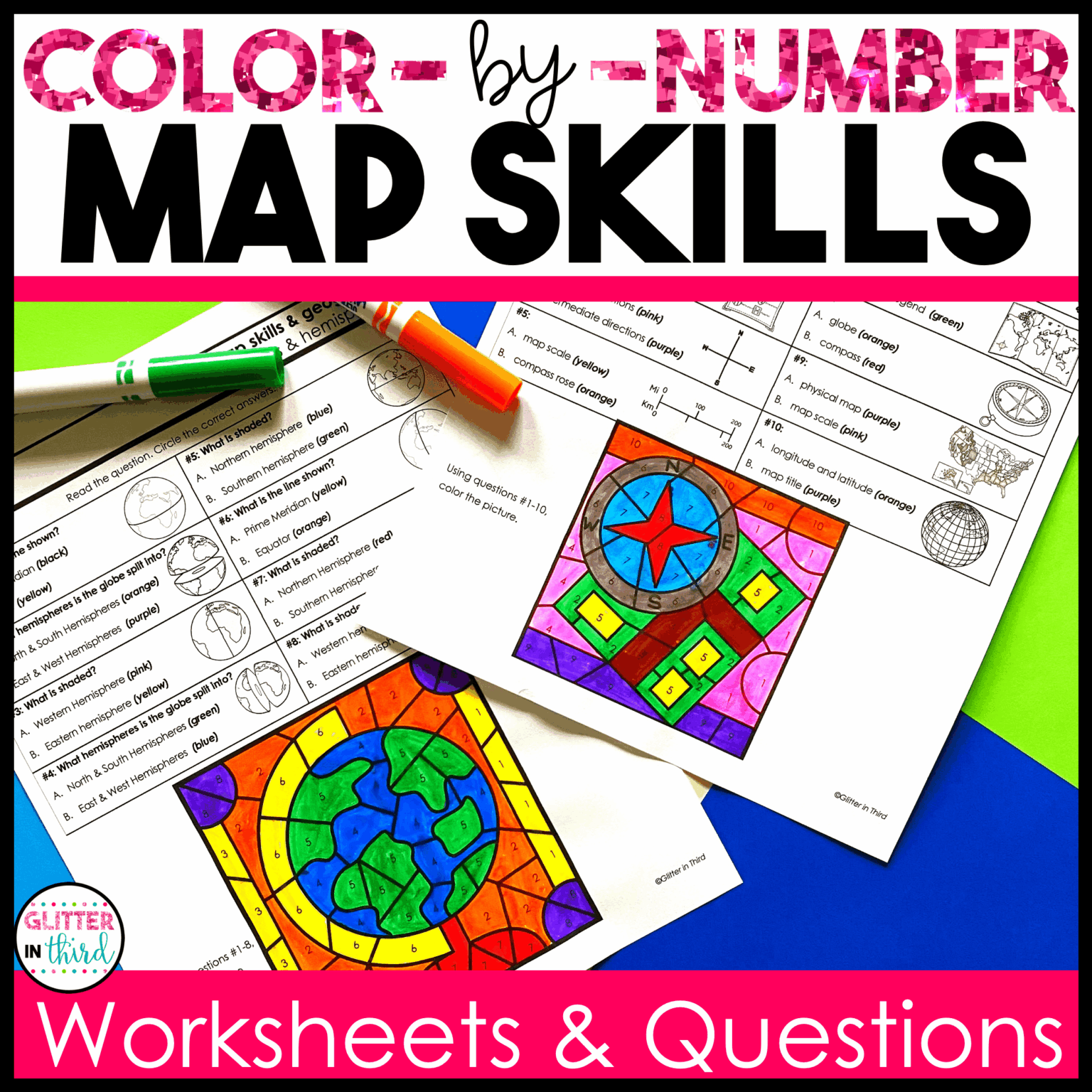 Map Skills Worksheets Color By Number Activities - Glitter in Third