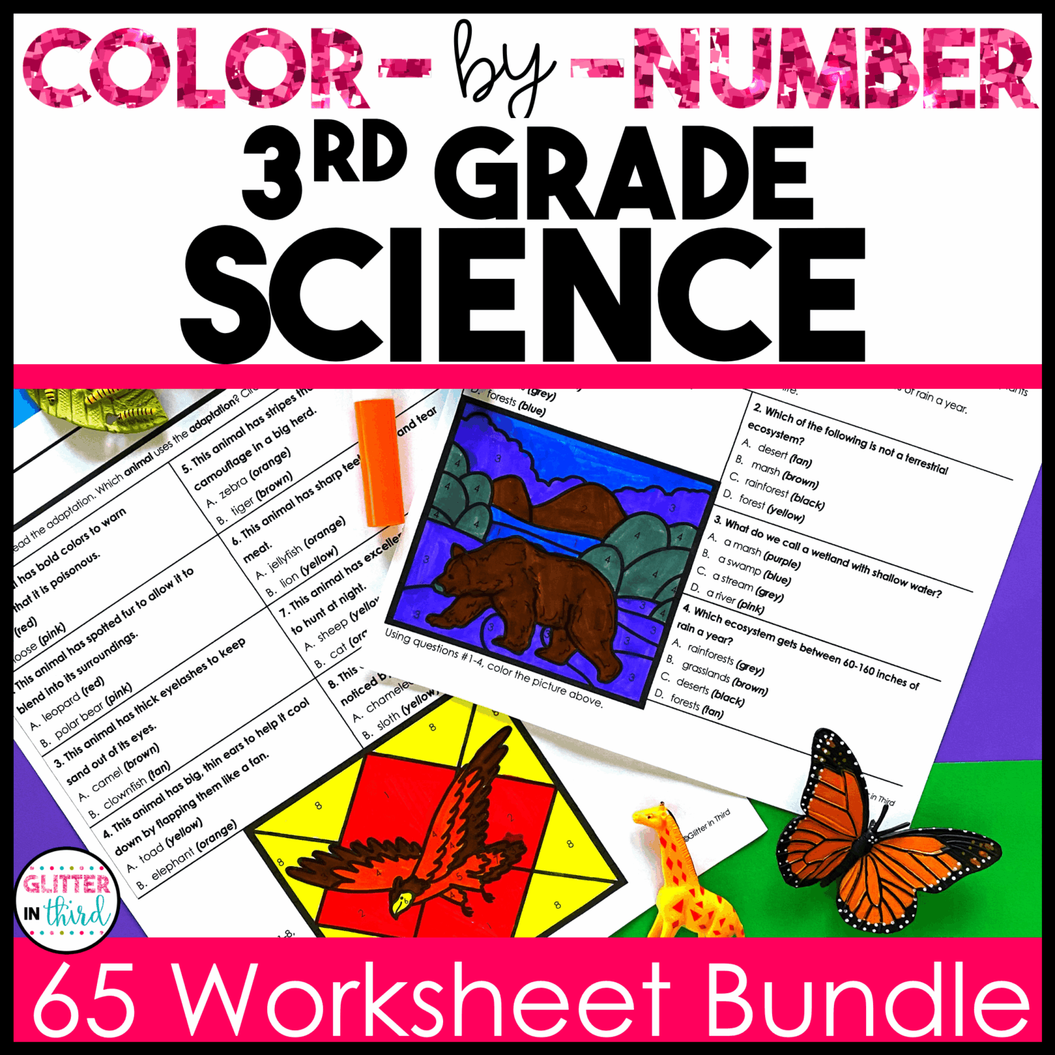 3rd Grade Science SOL Color-By-Number Worksheets BUNDLE - Glitter in Third