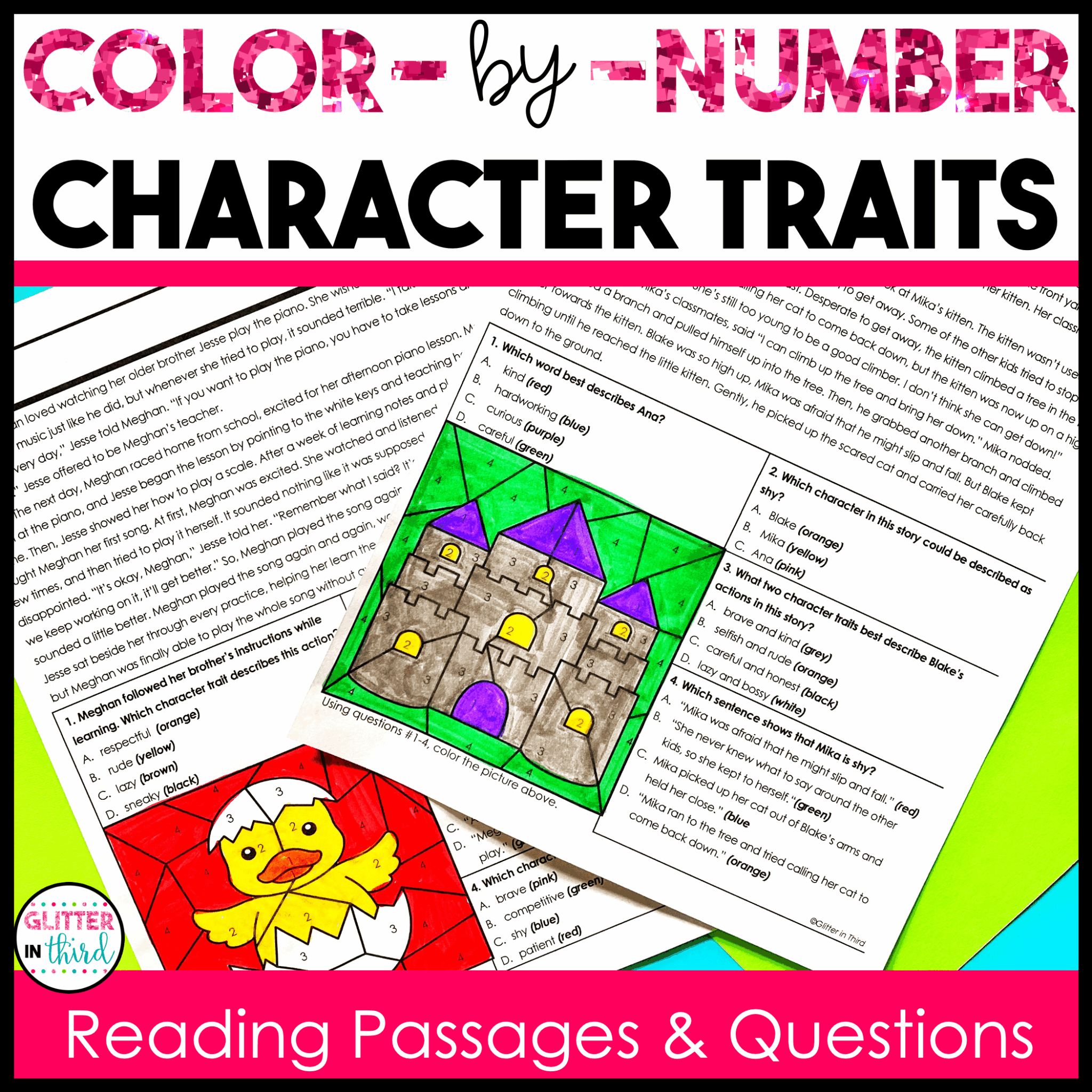Character Traits Color-By-Number Worksheets - Glitter in Third