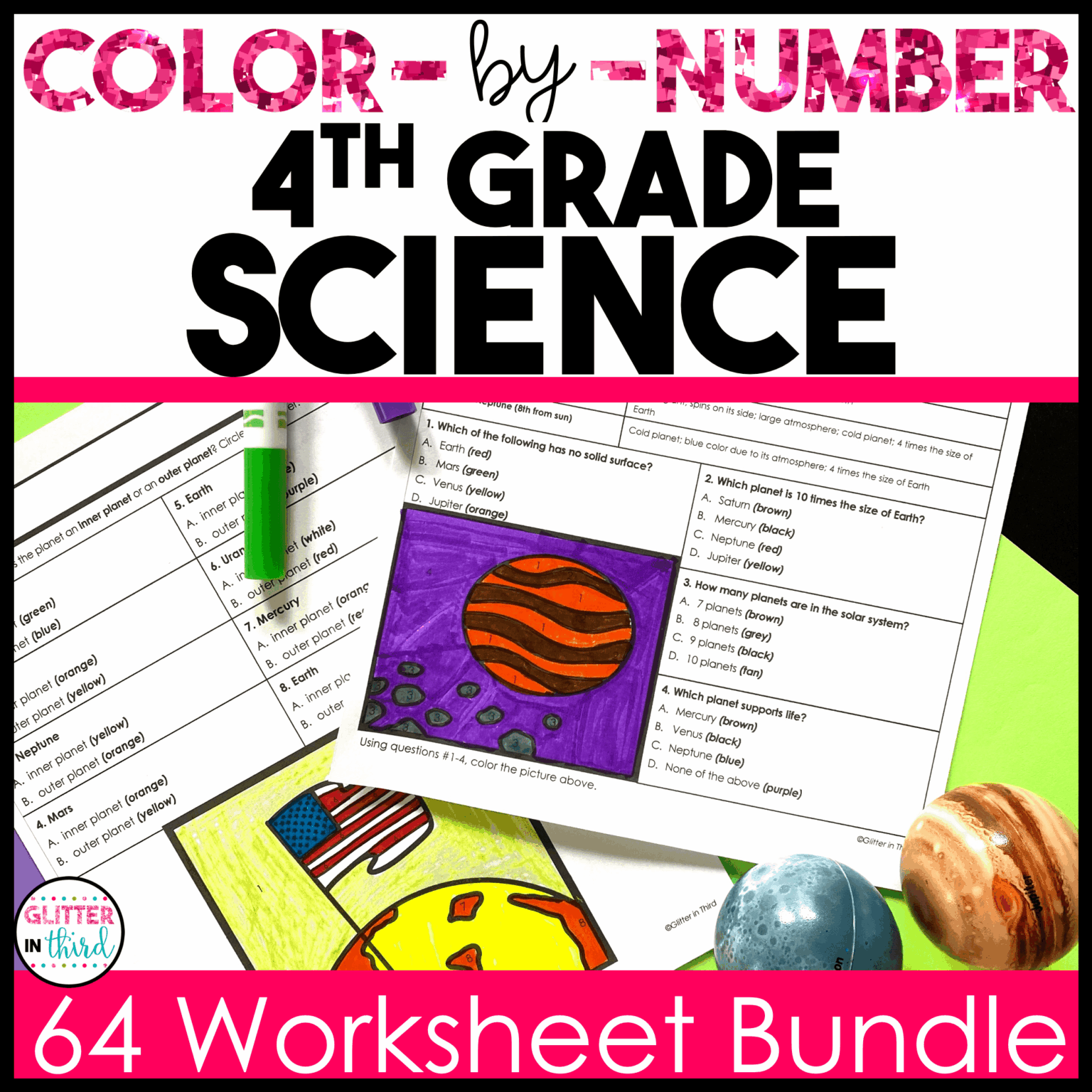 4th Grade Science SOL Color-By-Number Worksheets BUNDLE - Glitter in Third