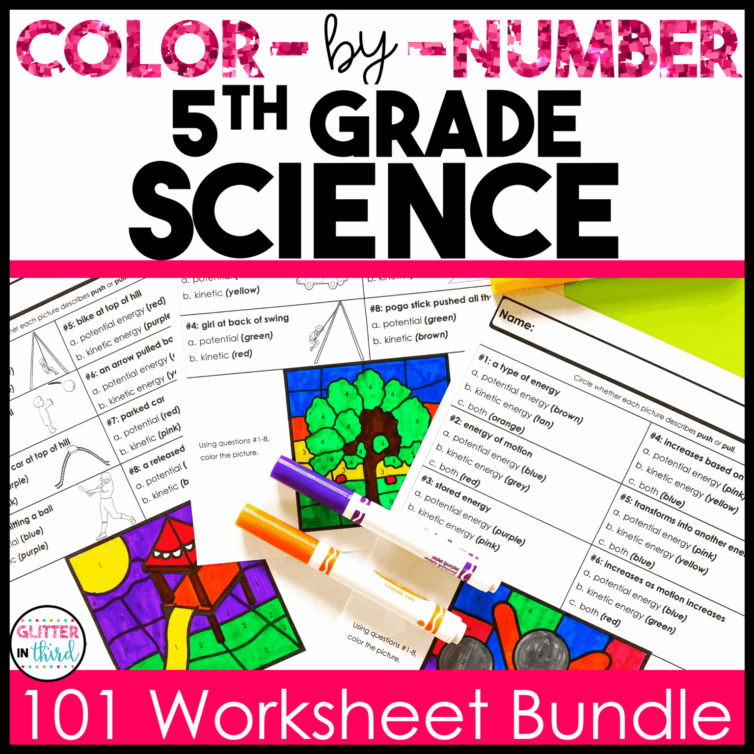 5th Grade Science SOL Color-By-Number Worksheets BUNDLE - Glitter in Third