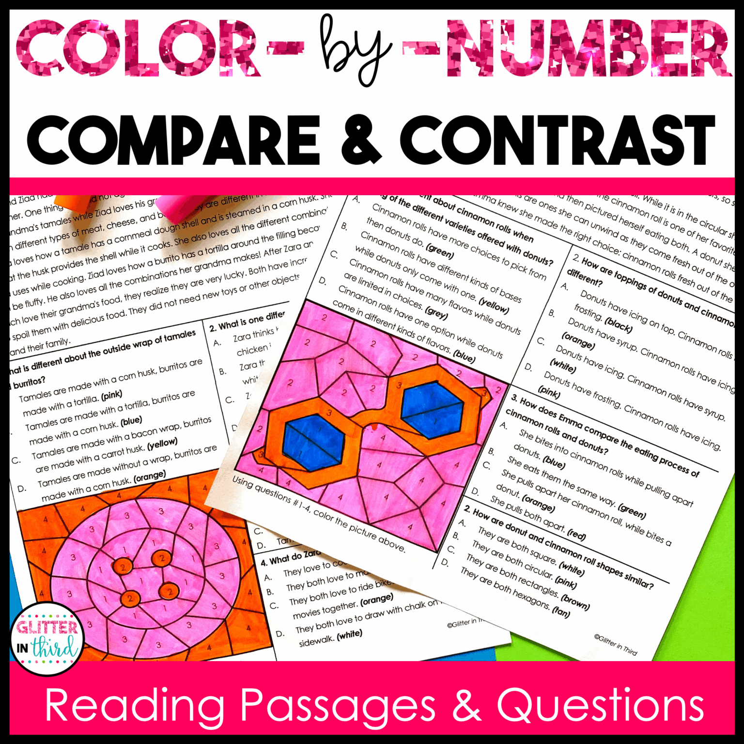 Compare and Contrast Color-By-Number Worksheets - Glitter in Third