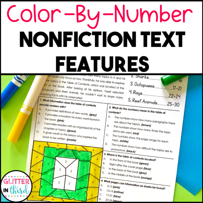 Nonfiction Text Features Color-By-Number Worksheets - Glitter in Third