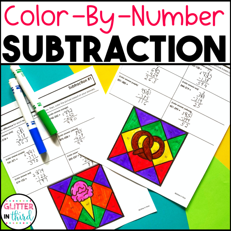 3rd Grade Subtraction Worksheets Color-By-Numbers - Glitter in Third