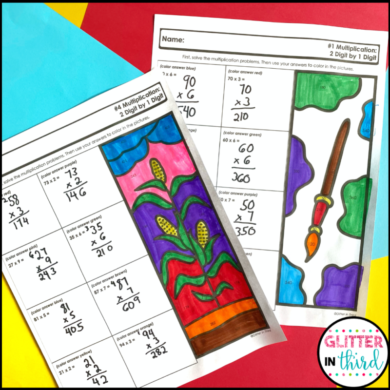 2 Digit by 1 Digit Multiplication Color-By-Number Worksheets - Glitter ...