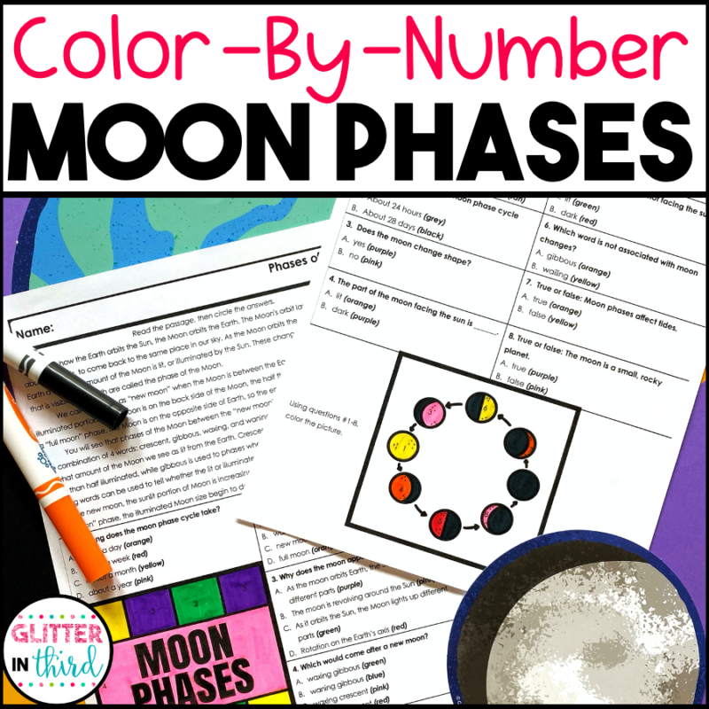 Moon Phases Worksheets Color-By-Numbers - Glitter in Third