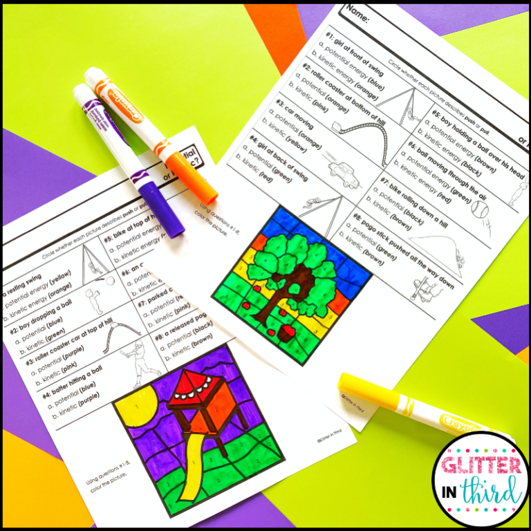 Kinetic and Potential Energy Worksheets Color-By-Numbers - Glitter in Third