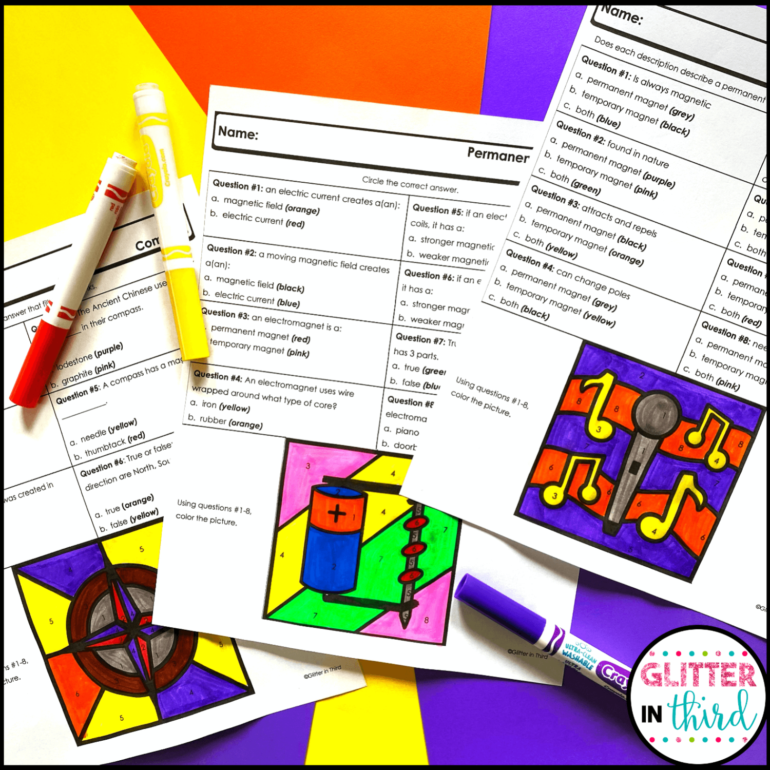 Magnetism and Electromagnets Worksheets Color-By-Numbers - Glitter in Third