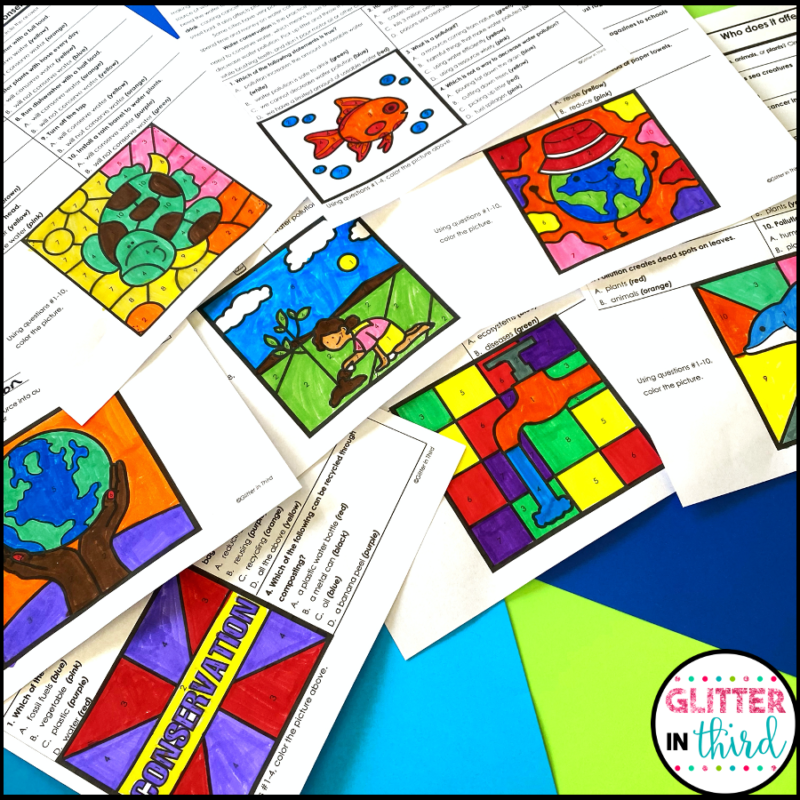 Conservation Worksheets Color-By-Numbers Science SOL 3.8 - Glitter in Third